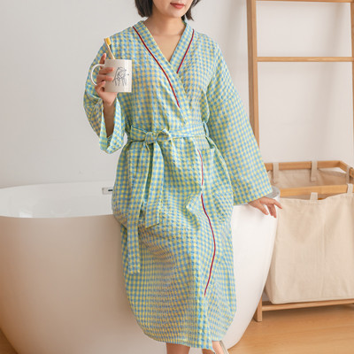 黄蓝格子棉纱浴袍女款吸水速干