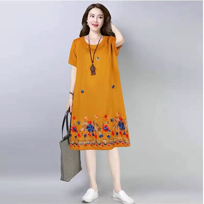 Summer New Women's Tencel Cotton Midi Loose Casual Dress Emb