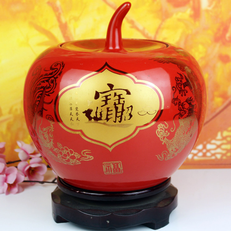 景德镇陶瓷器中国红苹果带盖花瓶摆件客厅电视柜储物罐喜字坛装饰_虎窝淘