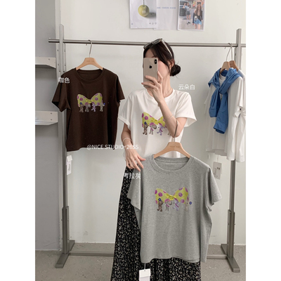 奶思家NICE STUDIO-2026夏上新蝴蝶结工艺小象印花短袖T恤女L8867