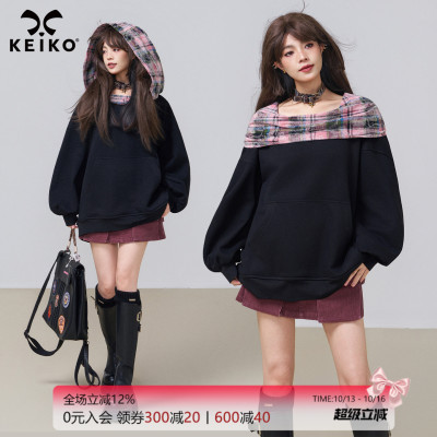 KEIKO复古格纹连帽加绒卫衣外套