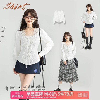 KEIKO白色通勤系带方领长袖衬衫