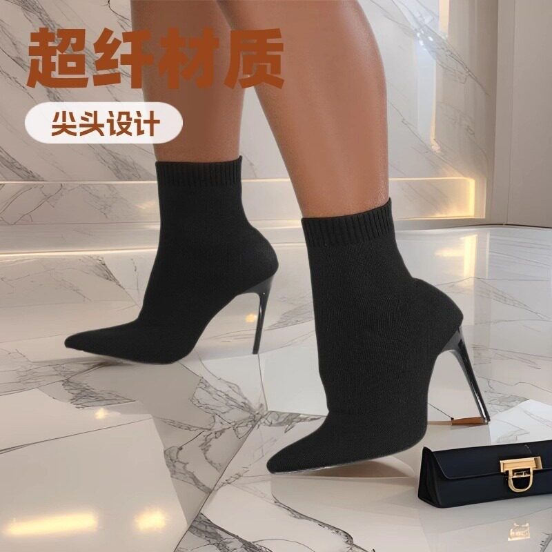 35-45大码女鞋41新款显瘦尖头短靴女42性感高跟鞋43细跟弹力袜靴