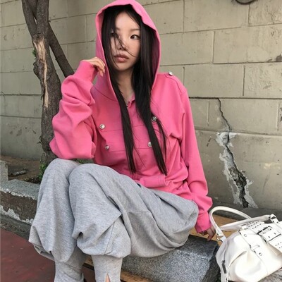 首尔印象韩代 26fw hypnotic同款拿破仑风连帽拉链修身卫衣外套女