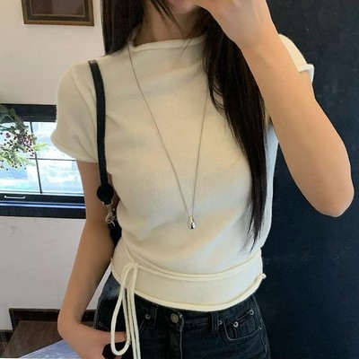 直邮 首尔印象韩代 25fw 日常通勤风纯色小领口系腰带短袖针织衫