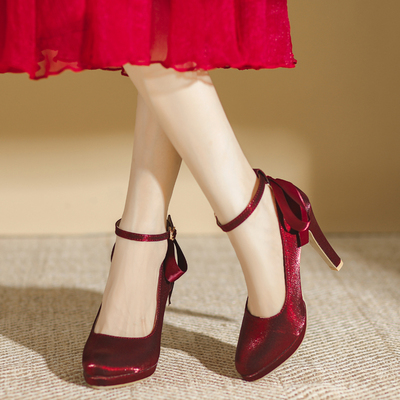仙女高跟鞋细跟红色两穿秀禾婚鞋