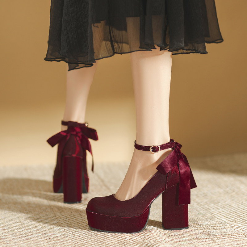 French Style Satin Super High Heels Women's Thick Heel Red Bridal Shoes ...