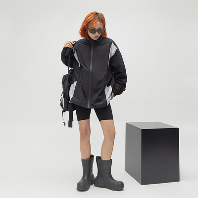 潮牌拼接撞色立领夹克女