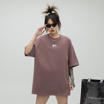 水洗做旧字母印花圆领短袖T恤女