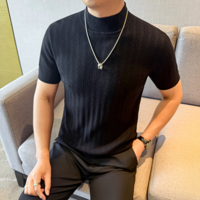 老钱风  半高领短袖毛衣针织衫打底衫圆领男线衫MYB60011-P48