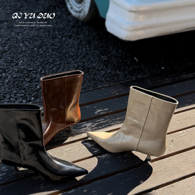 尖头短靴女真皮宽筒靴春秋单靴