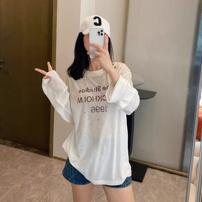 水洗做旧喷绘字母防晒长袖T恤女