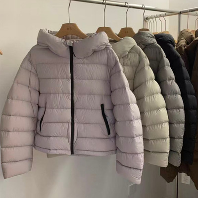 泡芙排骨纯色横纹压线连帽休闲外套女冬季宽松百搭时尚羽绒服H32