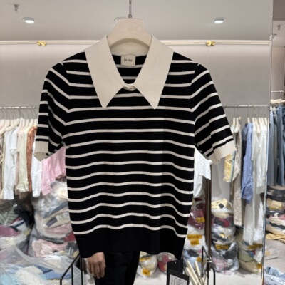 欧洲站2026春夏新款polo领时尚条纹拼色百搭显瘦短袖针织衫01068