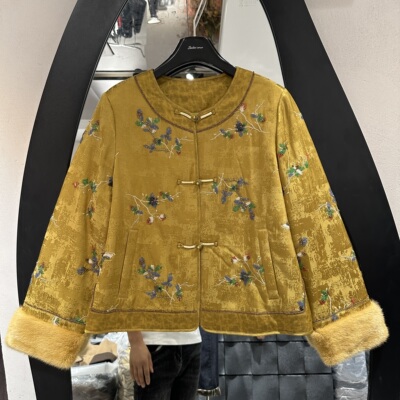 欧洲站2025秋冬新款圆领盘扣水貂毛拼接桑蚕丝填充长袖外套81028