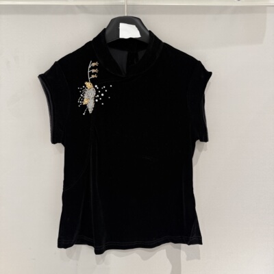 欧洲站2026春季新款立领订钻图案百搭套头款丝绒短袖上衣女潮1692