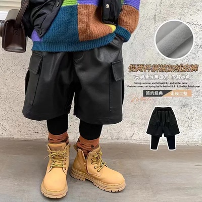 冬季加绒儿童PU皮中裤宝宝假两件连体打底裤男孩女孩男童皮裤洋气