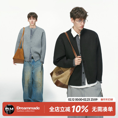 Dream made格纹拼接开衫毛衣男秋冬季加厚假两件亨利领针织衫外套