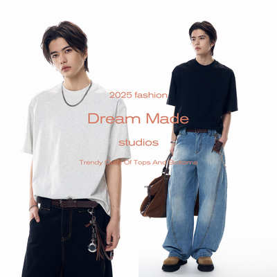 Dream made 美式cleanfit短袖男款夏季boxy小领口纯棉T恤男生半袖