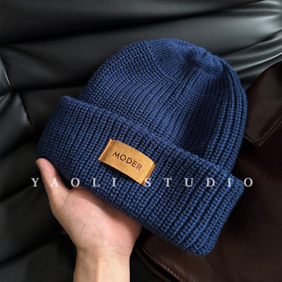 YAOLI美式复古纯色MODER皮标针织套头帽子女秋冬保暖大头围冷帽男