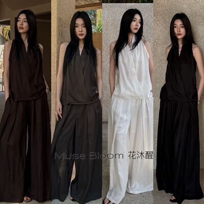 888105花沐醒26年夏上新纯色简约风百搭挂脖背心套装阔腿裤亚麻