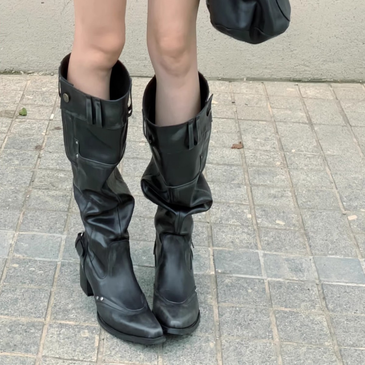 牛皮版~尖头大筒围高跟堆堆靴复古西部牛仔靴粗跟真皮长筒靴女