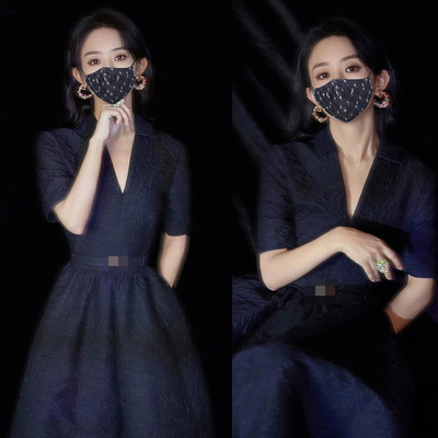 深色v领显瘦气质连衣裙女长裙收腰高端裙子蓬蓬裙夏季大牌长裙