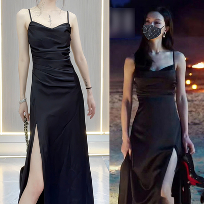 黑色吊带连衣裙女开叉吊带裙