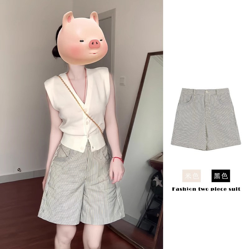 日系夏季老钱风条纹短裤女薄款松弛感五分裤气质马甲背心两件套装