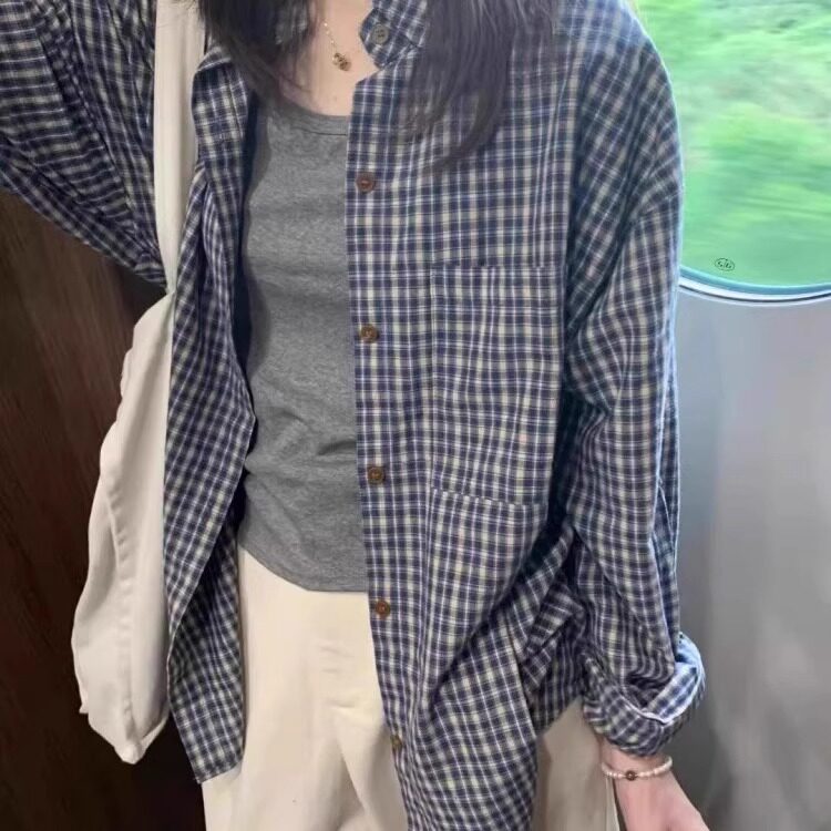 日系蓝色格子长袖衬衫女春秋夏新款慵懒风衬衣外套宽松显瘦上衣潮