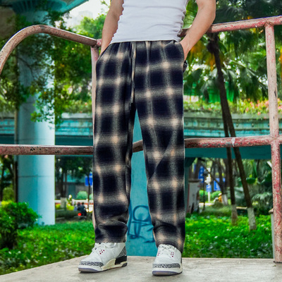 bkcxzice格纹运动长裤男美式篮球训练裤宽松直筒网红同款卫裤冬季