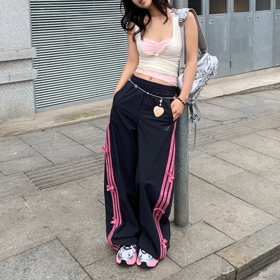 Adidas阿迪达斯正品女裤新款三条纹蝴蝶结宽松梭织运动裤KR7598