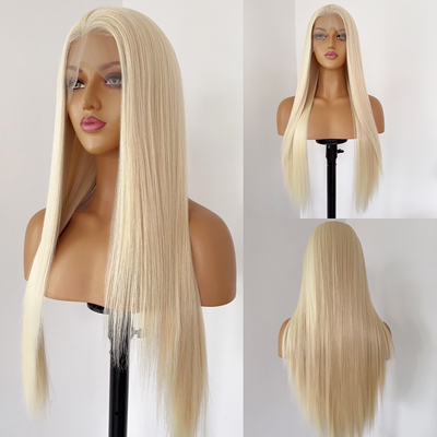 假发白金色前蕾丝手钩长直发可卷