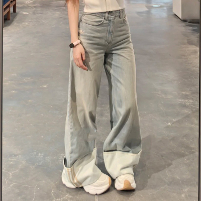 adidas三叶草女阔腿运动牛仔裤