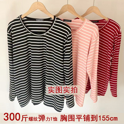 300斤加大码条纹长袖打底衫