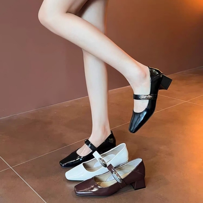 法式玛丽珍鞋女粗跟中跟方头浅口