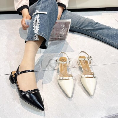 专柜折扣特价粗跟中跟包头凉鞋女气质尖头后空夏季时尚Z9-6319-16