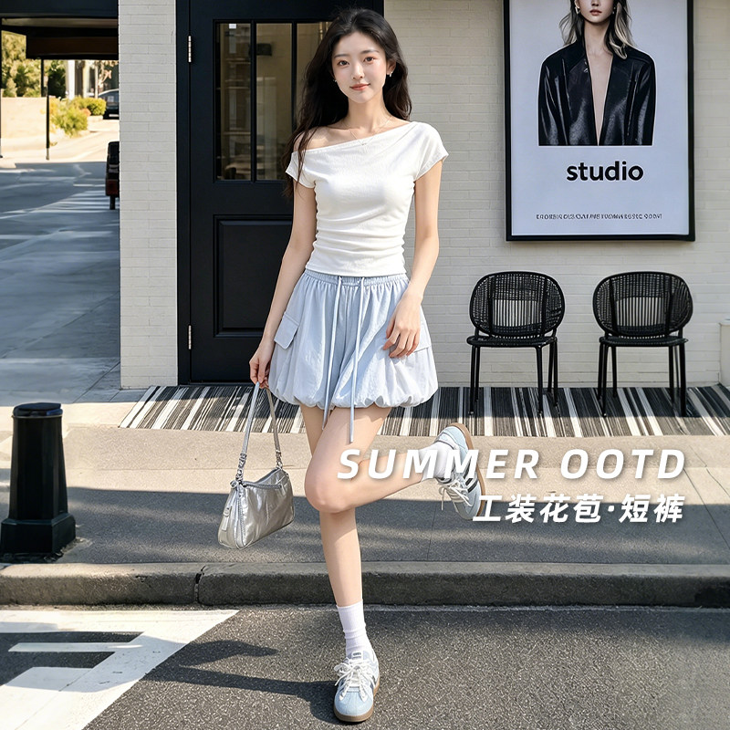 蓝色花苞短裤女夏外穿2026新款a字显高松弛感蓬蓬半身裙裤