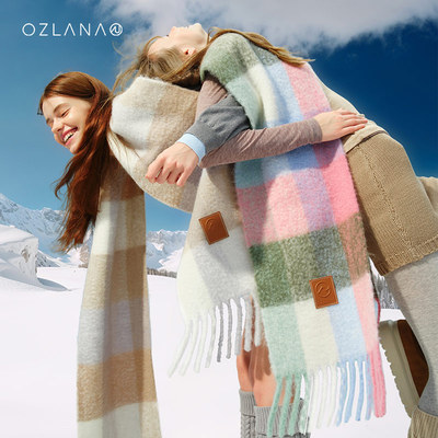 OZLANA2024冬季新款彩虹围巾女格纹条纹撞色百搭保暖两用披肩围脖