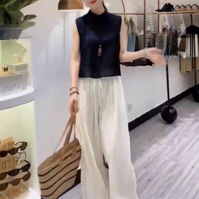 25606大爱美依缘2025夏季新款高级感纯色无袖上衣休闲阔腿裤洋气