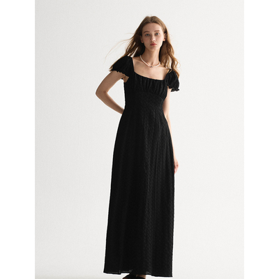 SOFTSELF薄雾梦泽新款法式抽褶收腰方领气质泡泡袖连衣裙长裙