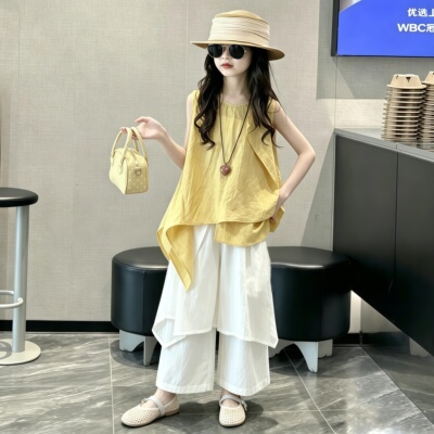 女童夏季新款2026休闲不规则无袖上衣阔腿裤套装洋气甜美两件套潮
