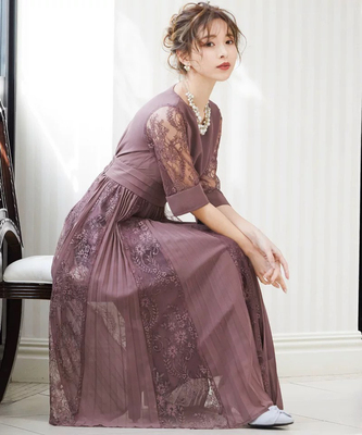 Dorry doll日单春新 优雅气质蕾丝刺绣拼接V领收腰显瘦长袖连衣裙