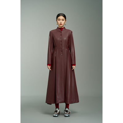 中长款收腰排扣外套PU皮衣6160