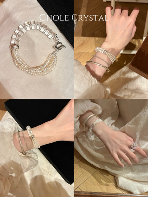 天然白水晶拼多条淡水珍珠设计款手链轻奢时尚送闺蜜女友手链首饰