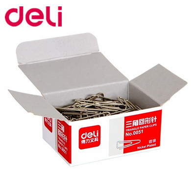 得力0051回形针金属三角曲别针3#电镀回形针100枚/盒 桌面办公型