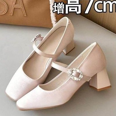 隐形内增高7CM法式仙女风单鞋水钻方扣一字扣带方头粗跟玛丽珍鞋