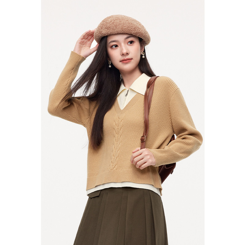 【商场同款】诗凡黎短款polo领羊毛针织衫2023冬新款女3EA232411