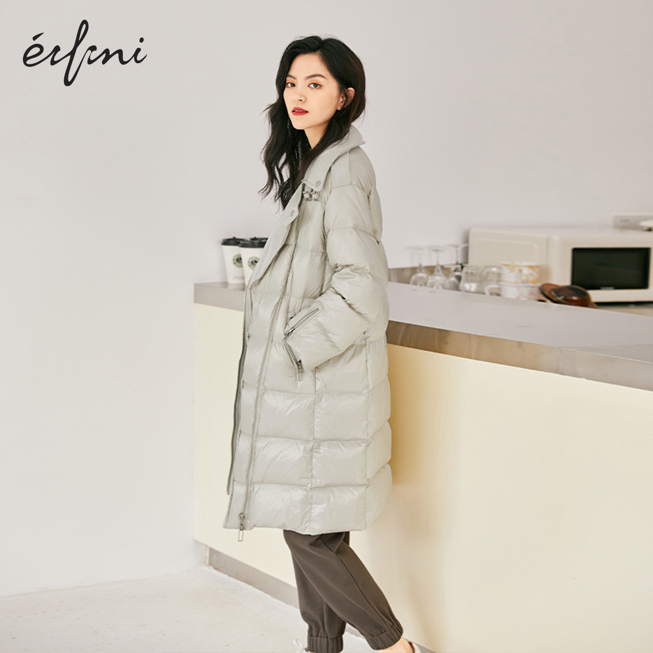 伊芙丽风衣羽绒服女2023秋冬新款保暖白鸭绒中长款设计感小众外套