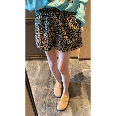 【张静芝】复古豹纹褶皱短裤女 松紧高腰显瘦阔腿休闲外穿短裤